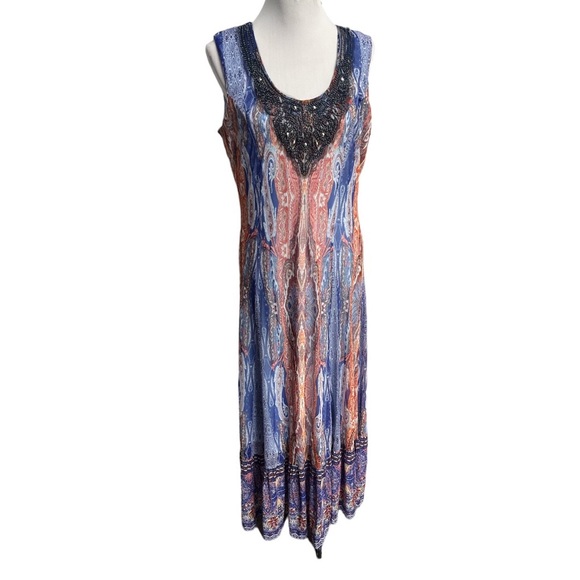 Reba | Dresses | Reba Patterned Sleeveless Maxi Dress Blue Brown White ...